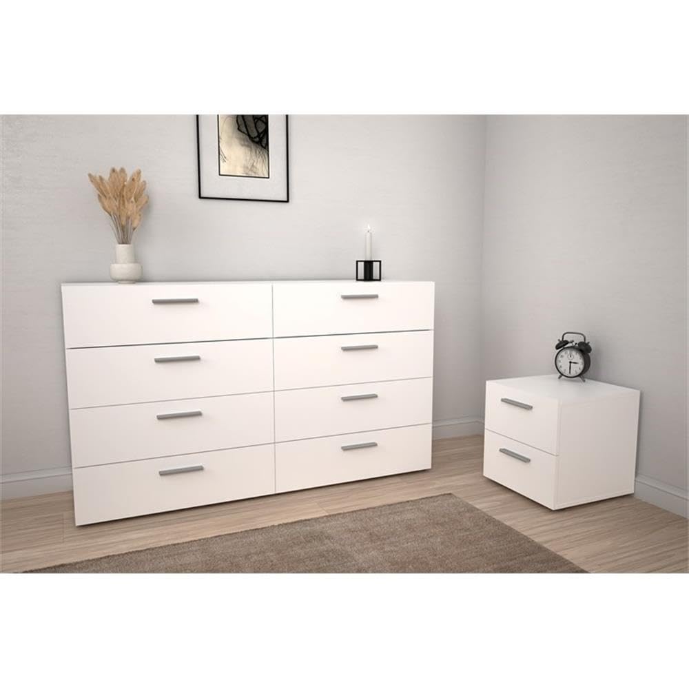 Home Square Scandinavian Look 3 Piece Bedroom Set 8 Drawer Double Dresser and Two Nightstand in White