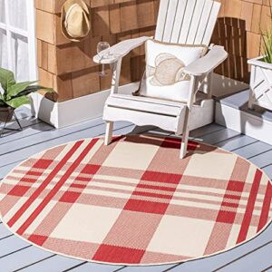 safavieh courtyard collection 4' round red/bone cy6201 plaid indoor/ outdoor patio backyard mudroom area rug