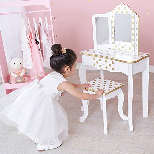 Fantasy Fields Teamson Kids Pretend Play Kids Vanity Table and Chair Vanity Set with LED Mirror Makeup Dressing Table with Drawer Fashion Polka Dot Prints Gisele Play Vanity Set White/Gold