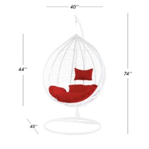 J.M.Deco Patio Swing Chair with Stand, Egg Chair with Support Frame, Hammock Chair Swing Wicker Plastic for Indoor, Outdoor, Garden, Backyard & Patio (White+Red)