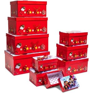 bright creations 10 pack christmas nesting gift boxes with lids for presents, decorative nested holiday gift wrap, share the holiday joy with festive stackable christmas gift boxes (10 sizes), red