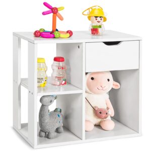 giantex kids toy storage organizer white, 21" h wooden floor storage cabinet with 3 cubes and 1 drawer, small multifunctional kid bookcase for nursery playroom and bedroom