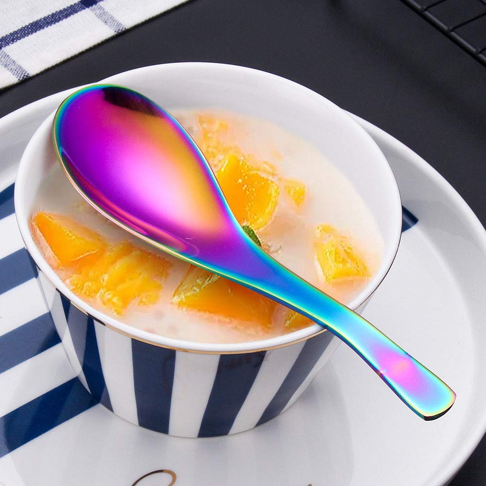 YAPULLYA Stainless Steel Soup Spoons with Rainbow Magic Mirror Finish, Heavy-Duty Table Spoons, Set of 4