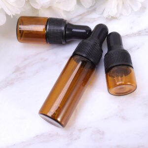 minkissy Amber Glass Bottle Glass Vial Bottle 1ML 2ML 3ML 5ML Mini Dropper Bottles Amber Sample Essential Oils Perfumes Chemistry Dispenser Container with Dropper for Travel 12pcs Amber Glass