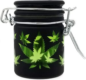 airtight glass herb mini stash jar with clamping lid in choice of design (black frosted with green leaf)