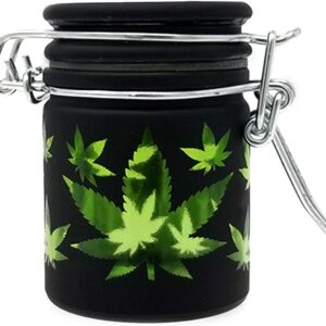 Airtight Glass Herb Mini Stash Jar with Clamping Lid in Choice of Design (Black Frosted with Green Leaf)