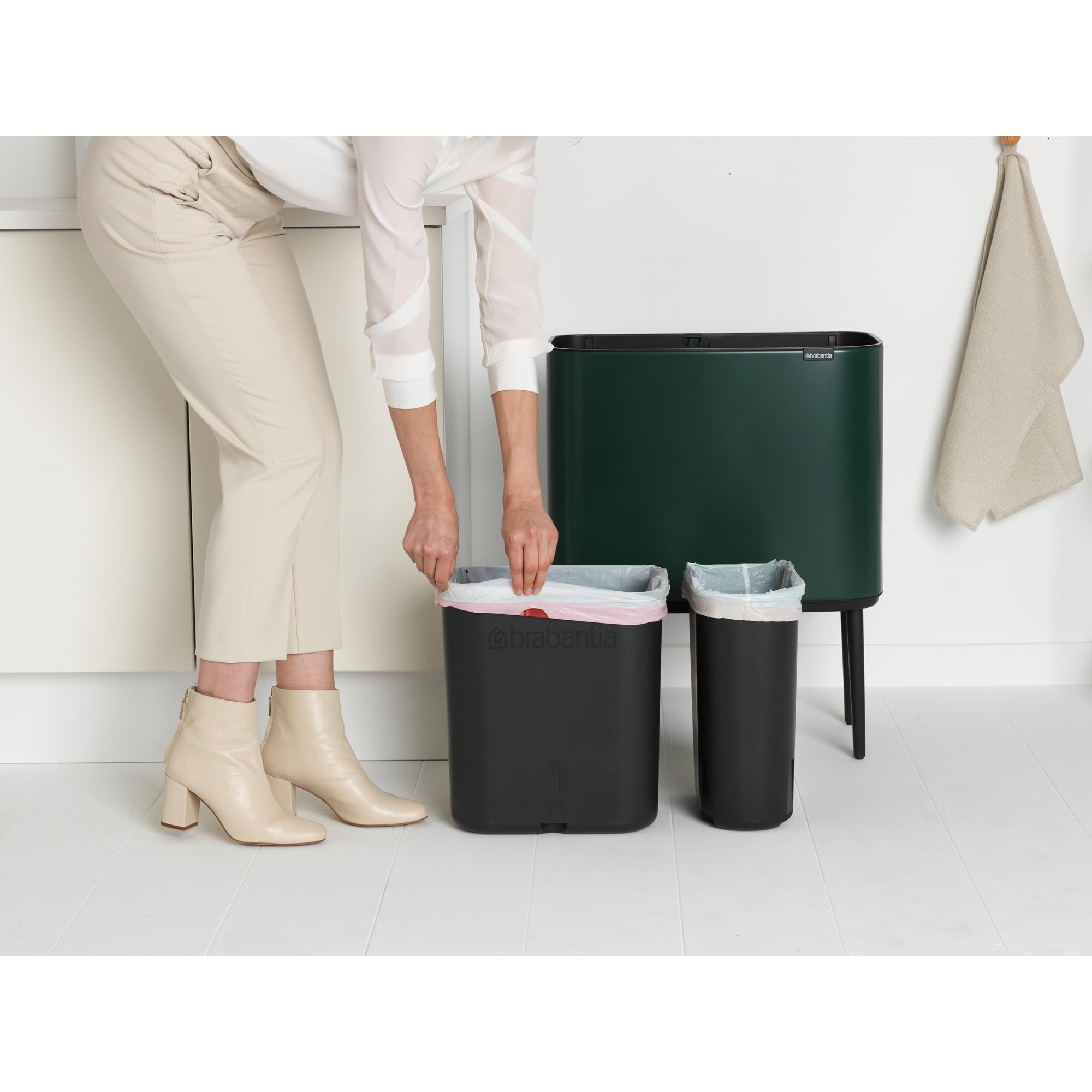 Brabantia Bo Trash Can - 3 + 6 Gal Inner Buckets (Pine Green) Waste/Recycling Garbage Can, Removable Compartments + Free Bags