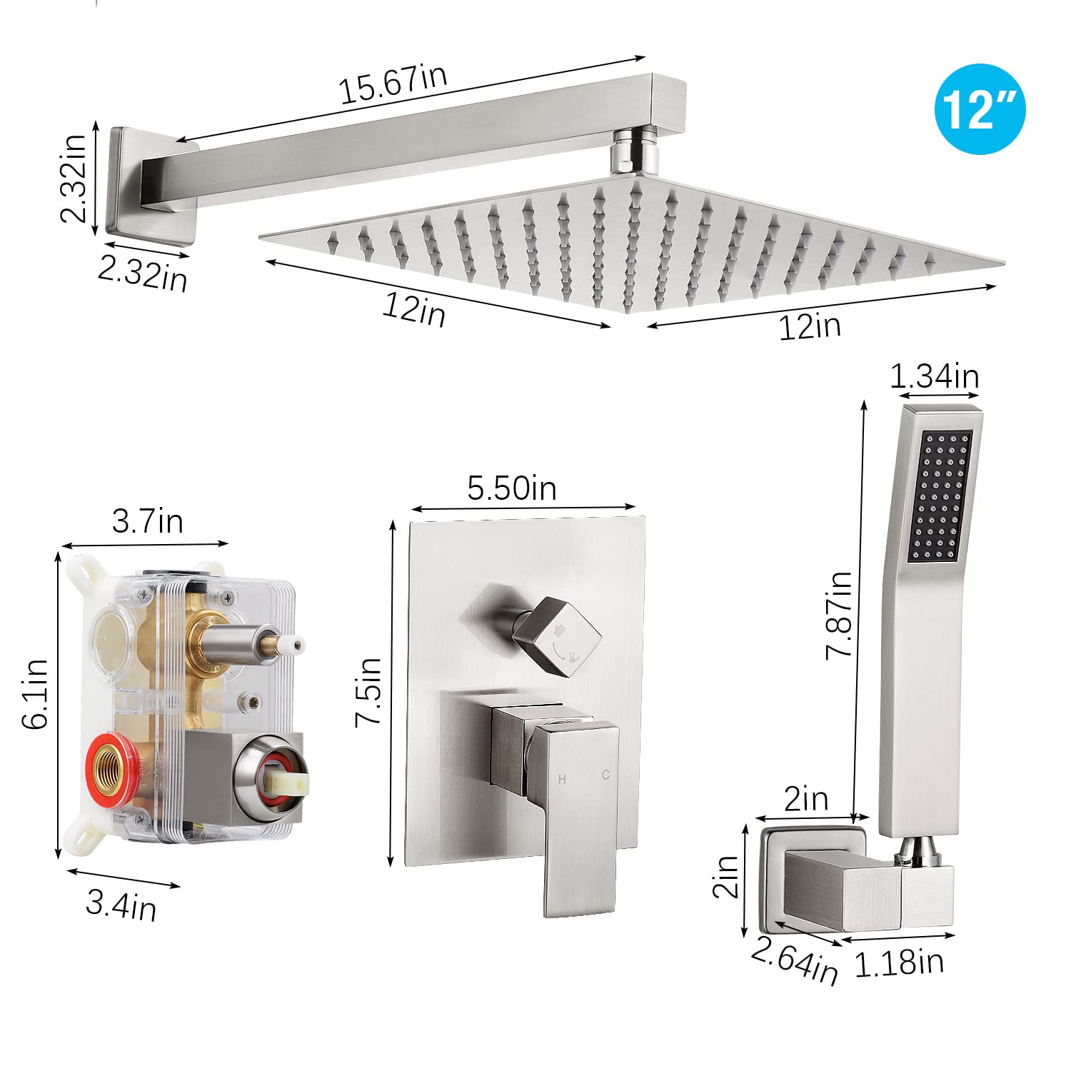 Qomolangma 12 inch Rain Shower System, Bathroom Shower Faucet Set with Pressure Balance Valve, Wall Mounted 2-Functions Shower Systems with Rain Shower and Handheld Spray Shower Trim Included