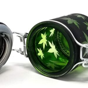 Airtight Glass Herb Mini Stash Jar with Clamping Lid in Choice of Design (Black Frosted with Green Leaf)