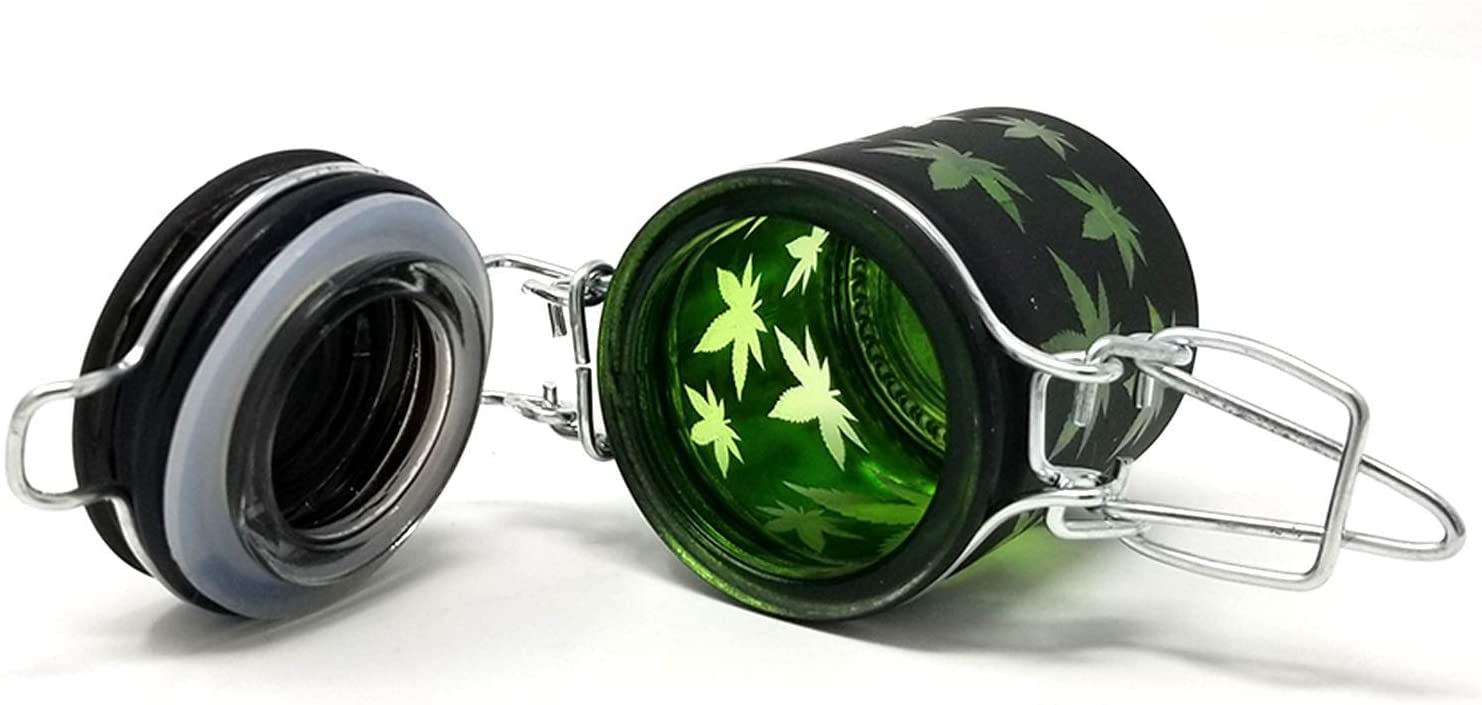 Airtight Glass Herb Mini Stash Jar with Clamping Lid in Choice of Design (Black Frosted with Green Leaf)