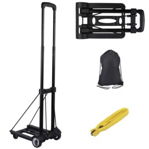 kinjoek 25kg 55lbs folding hand truck, solid construction utility cart for luggage with 2 oversized wheels bonus bungee cord, collapsible, lightweight and compact luggage dolly cart for travel, black