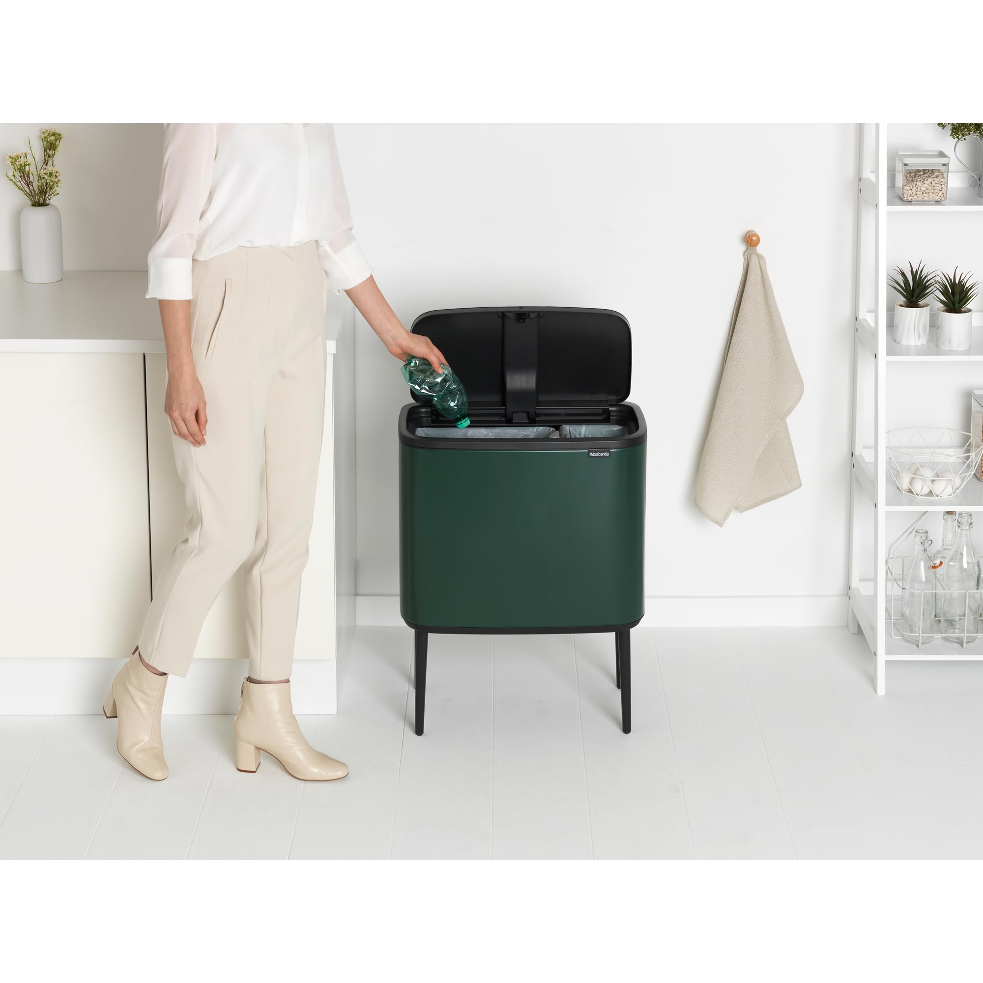 Brabantia Bo Trash Can - 3 + 6 Gal Inner Buckets (Pine Green) Waste/Recycling Garbage Can, Removable Compartments + Free Bags