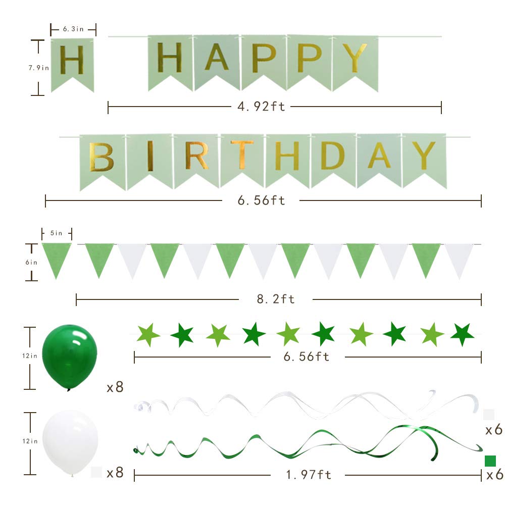 ADLKGG Happy Birthday Decorations Green for Golf Football Jungle Dinosaur Theme Birthday Party with Latex Balloons Triangular Pennants Hanging Swirls Paper Fans Star Paper Garland