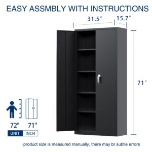 Aobabo Metal Garage Storage Cabinet,71" Lockable Metal Storage Cabinet with 2 Doors and 4 Adjustable Shelves,Black Steel Cabinet for Garage Office School Home Storage,Assembly Required