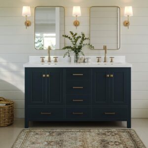 ariel double bathroom vanity 61" midnight blue, 1.5" edge pure white quartz countertop & splash, rectangular sinks, 4 soft closing doors, 6 full extension dovetail drawers, satin brass