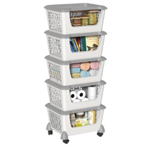 ucake plastic stacking basket with wheels, stackable storage basket organizer, 5 tiers