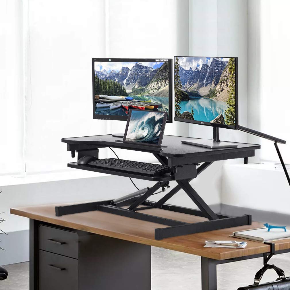 Standing Desk Stand Up Desk Computer Workstation Height Adjustable Ergotron Large Working Area Double Gas Lift Compuetr Office Desk with Removable Keyboard