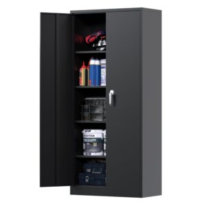 Aobabo Metal Garage Storage Cabinet,71" Lockable Metal Storage Cabinet with 2 Doors and 4 Adjustable Shelves,Black Steel Cabinet for Garage Office School Home Storage,Assembly Required