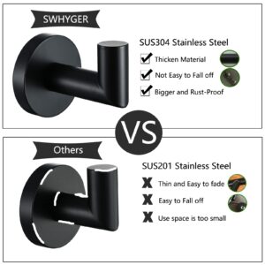 SWHYGER Towel Coat Hook Matte Black SUS304 Stainless Steel Bathroom Clothes Cabinet Closet Sponges Robe Hook Wall Mounted Round Kitchen Heavy Duty Door Hanger 2 Packs,96018-8MB.