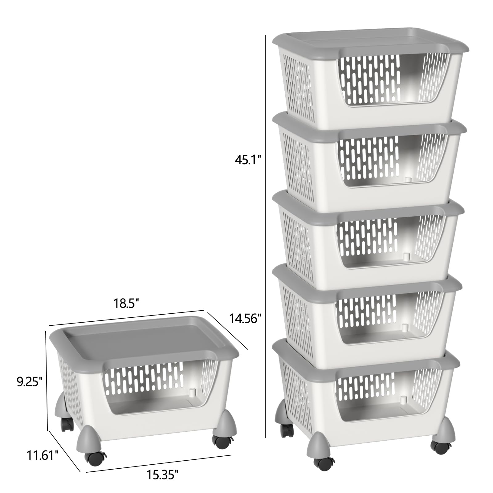 Ucake Plastic Stacking Basket with Wheels, Stackable Storage Basket Organizer, 5 Tiers