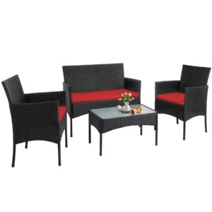 prohiker 4 piece outdoor wicker patio conversation furniture set, rattan chair wicker sofa garden conversation sets with cushion and glass table for yard pool or backyard, black/red