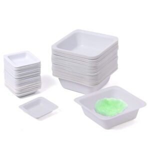 young4us 7ml 100ml weigh boat set, 100 pack small & large lab weighing dishes for measuring, storing, mixing powders & liquids with easy pour design disposable mini plastic square dish scale tray