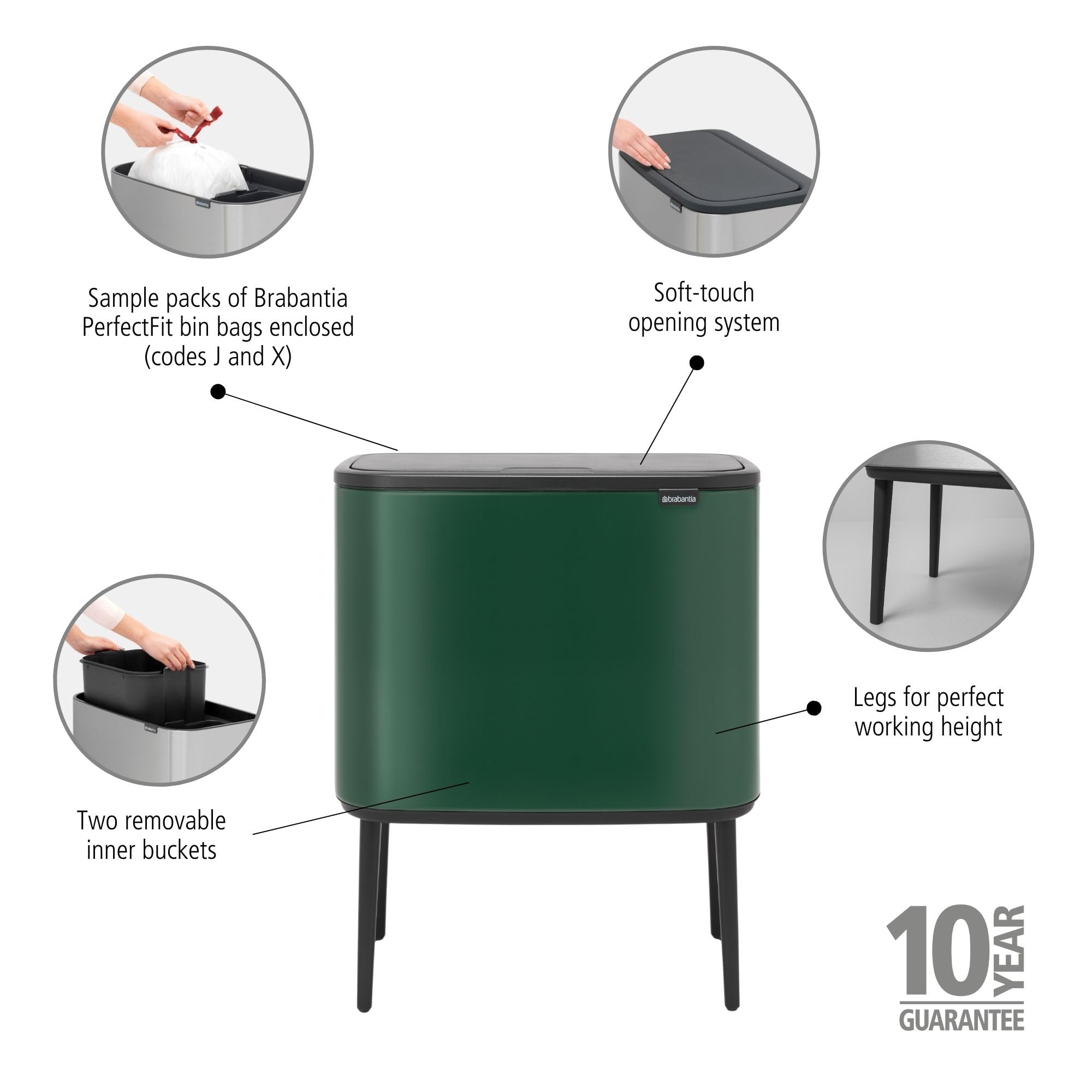 Brabantia Bo Trash Can - 3 + 6 Gal Inner Buckets (Pine Green) Waste/Recycling Garbage Can, Removable Compartments + Free Bags