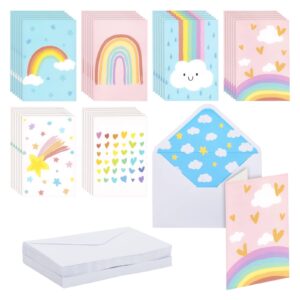 paper junkie 48 pack rainbow cards with envelopes for thank you, baby shower, birthday, kids stationary, girls (pastel, 4x6 in) - blank cards and envelopes for kids - rainbow notecards