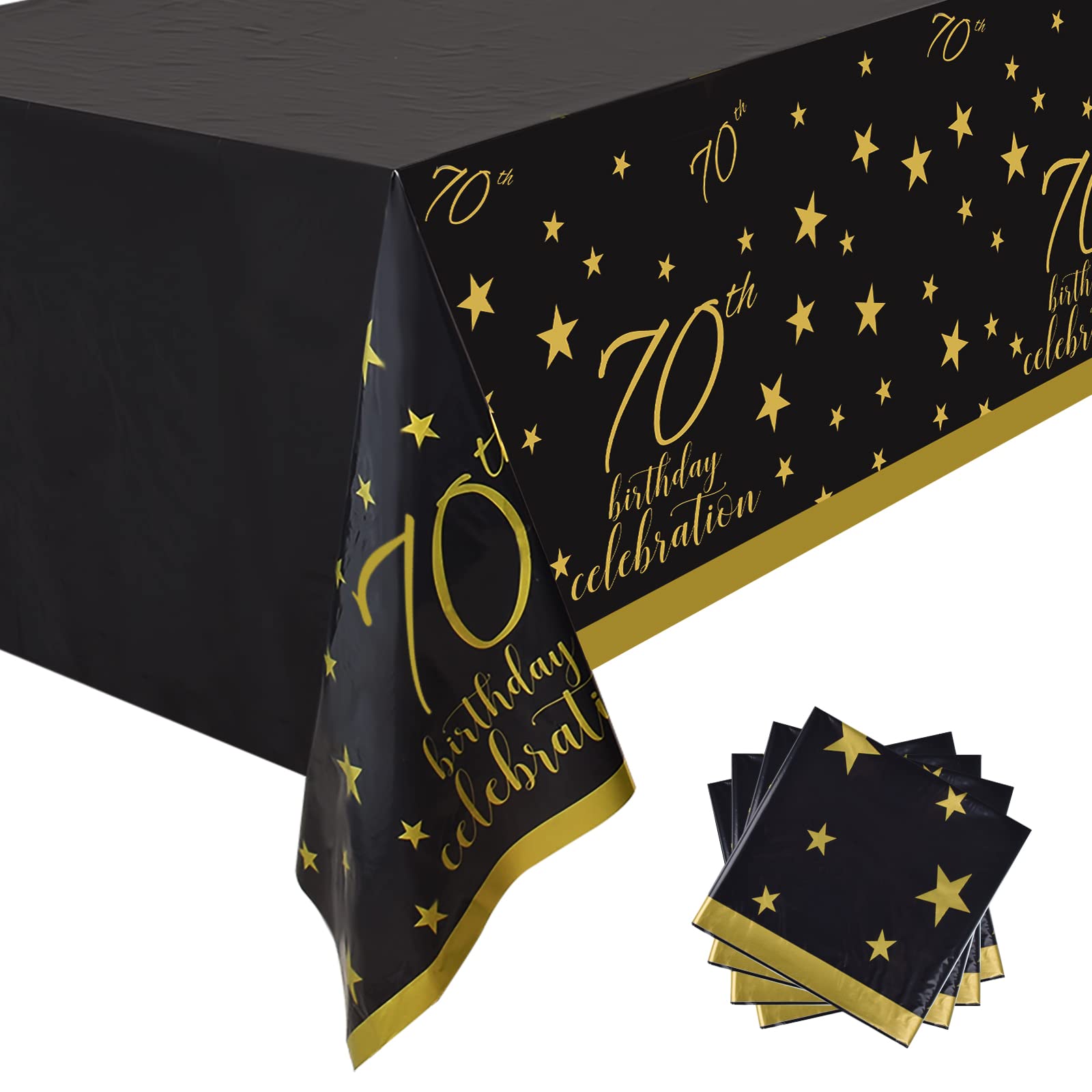 Gatherfun 70th Birthday Disposable Tablecloth 4 Pack Gold and Black Waterproof Plastic Table Cover for Men Woman 70 Birthday Party Decorations