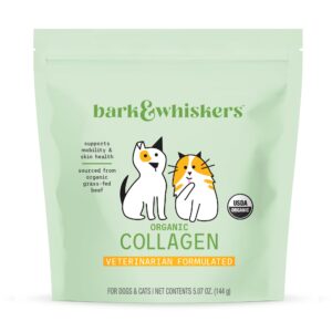 bark & whiskers organic collagen for dogs & cats, 5.07 oz. (144 g), 30 scoops, organic grass-fed beef, supports mobility & skin health, veterinarian formulated, certified usda organic, dr. mercola