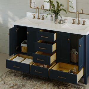 ARIEL Double Bathroom Vanity 61" Midnight Blue, 1.5" Edge Pure White Quartz Countertop & Splash, Rectangular Sinks, 4 Soft Closing Doors, 6 Full Extension Dovetail Drawers, Satin Brass