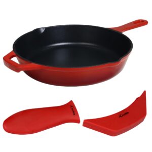 10.25-inch enameled cast iron skillet frying pan, 1 silicone hot handle holder and 1 silicone potholder for the assist handle