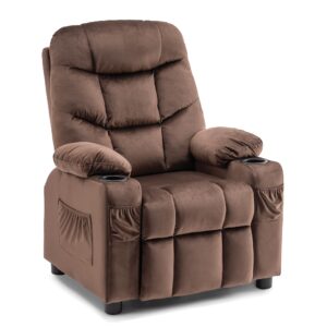 mcombo big kids recliner for ages 3+, child recliner chair, toddlers recliner sofa with cup holders (velvet, brown)