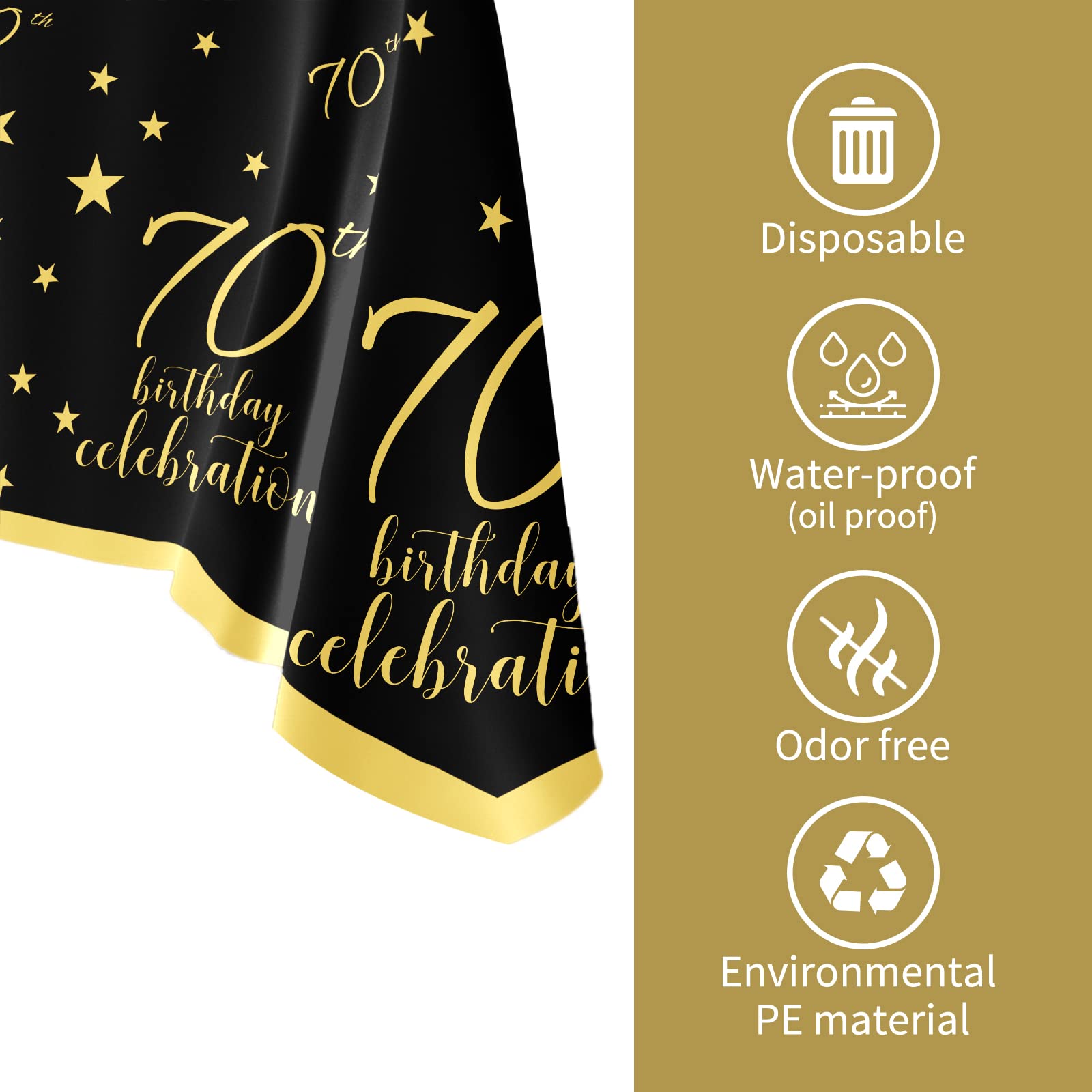 Gatherfun 70th Birthday Disposable Tablecloth 4 Pack Gold and Black Waterproof Plastic Table Cover for Men Woman 70 Birthday Party Decorations