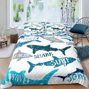 shark comforter cover set cartoon shark print sealife duvet cover for kids boys girls teens underwater world marine life ocean theme microfiber bedding set decor 3pcs quilt cover queen