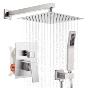 qomolangma 12 inch rain shower system, bathroom shower faucet set with pressure balance valve, wall mounted 2-functions shower systems with rain shower and handheld spray shower trim included