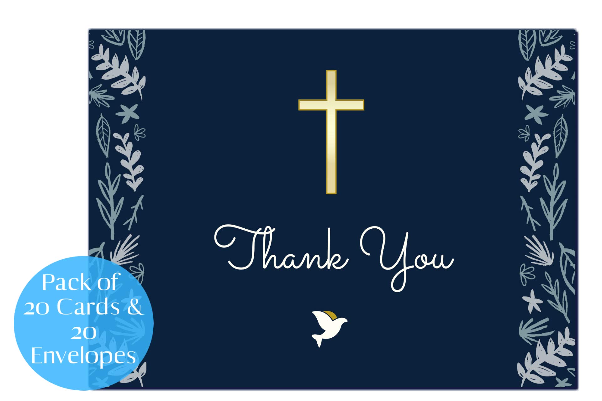 Elcer 20 Christian Thank You Cards Religious Catholic acknowledgment Notes Navy Blue & Gold Holy Communion Baptism Confirmation Christening Reconciliation Funeral with envelopes 8x5.5 (Navy Blue)