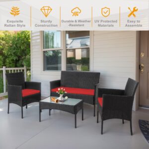 PROHIKER 4 Piece Outdoor Wicker Patio Conversation Furniture Set, Rattan Chair Wicker Sofa Garden Conversation Sets with Cushion and Glass Table for Yard Pool or Backyard, Black/Red