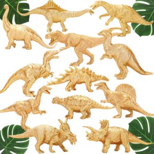 metallic gold plastic dinosaurs figurine toys, 12pcs jumbo golden dinosaur figures for boys girls, baby shower, bridal shower decorations, kids dino themed birthday party supplies cake topper