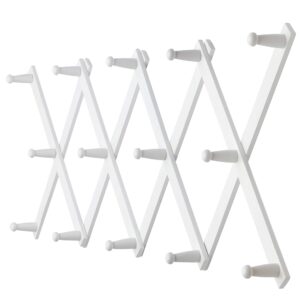 dseap accordian wall hanger: 16” high wooden wall expandable coat rack, hat rack holder, accordion hook for baseball caps, coats, mugs, 14 peg hooks, white