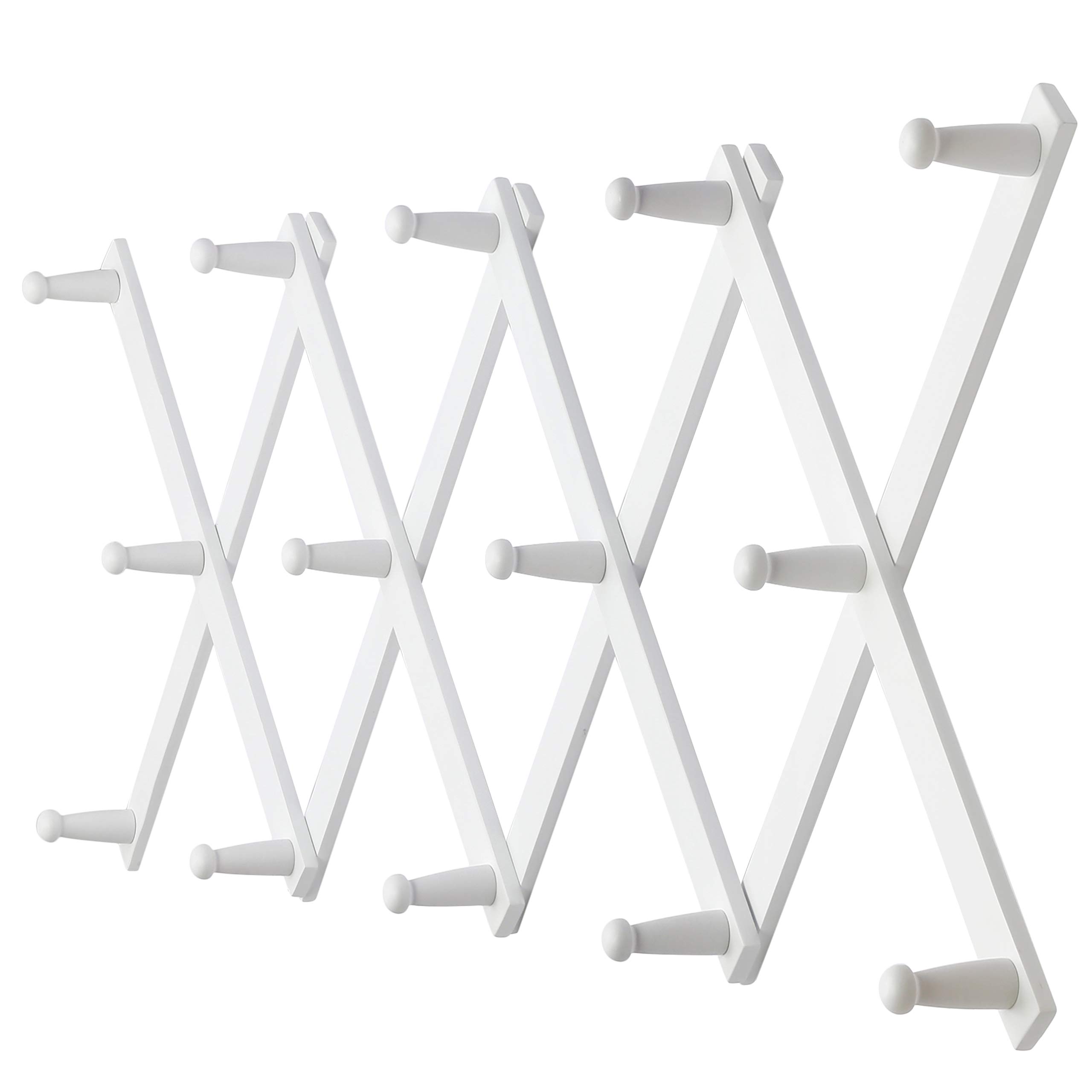 Dseap Accordian Wall Hanger: 16” High Wooden Wall Expandable Coat Rack, Hat Rack Holder, Accordion Hook for Baseball Caps, Coats, Mugs, 14 Peg Hooks, White