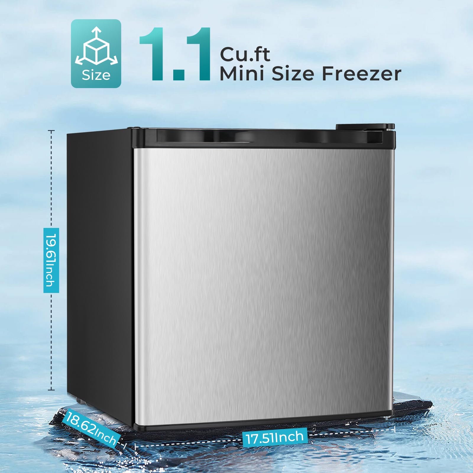 R.W.FLAME Mini Freezer Countertop, Energy Saving 1.1 Cubic Feet Single Door Compact Upright Freezer with Reversible Door (Silver)