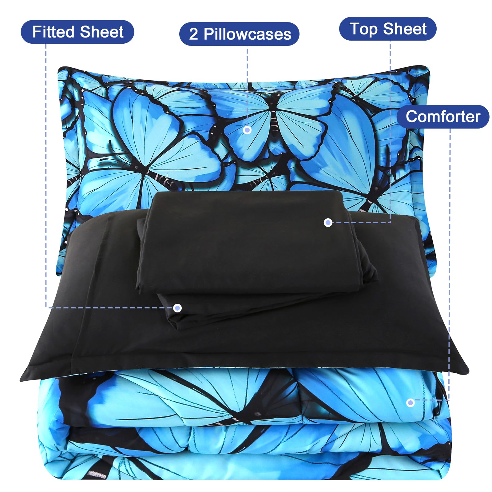 Wowelife Butterfly Bedding Sets Twin Comforter Set for Girls 5 Piece Blue Butterfly Twin Bed Set Teens Bed in a Bag Set with Sheets Lightweight Comfortable and Breathable for Kids