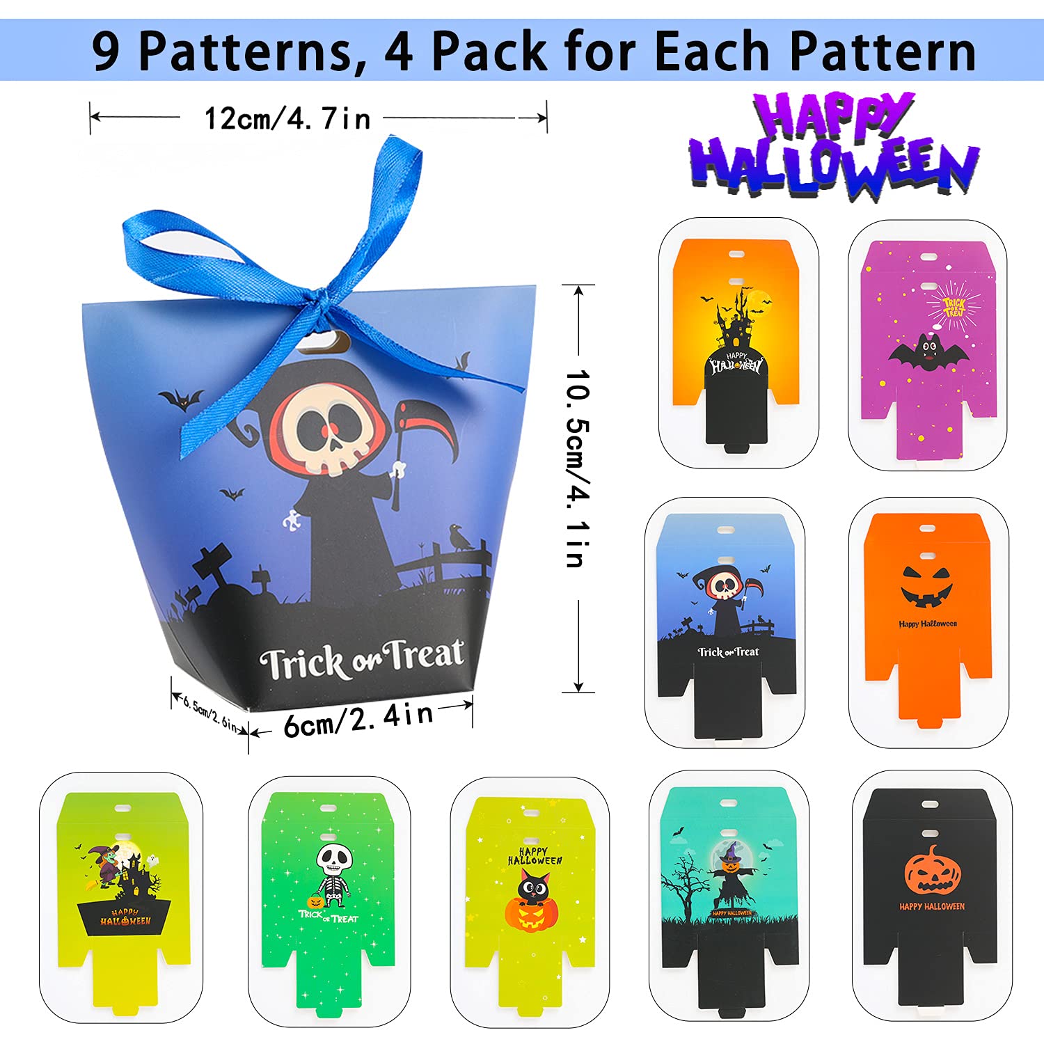 Halloween Candy Treat Bags - 36PCS Paper Trick or Treat Sweet Goodie Decorations Bags with Ribbons, 9 Patterns Gift Party Favors for Kids