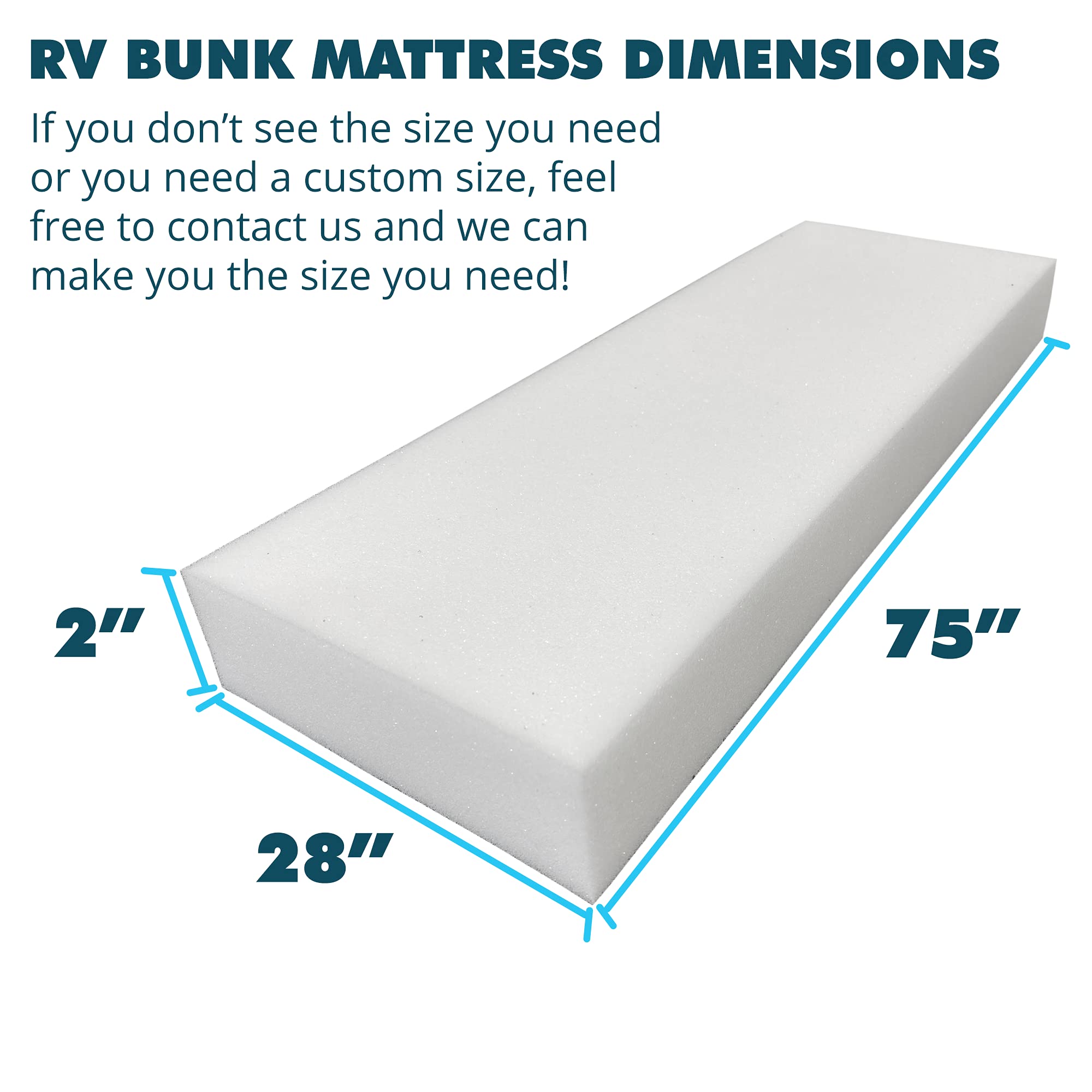 Foamma 2" x 28" x 75" High Density RV Bunk Mattress Replacement, Firm, Durable, Premium Comfort, USA Made, No Cover