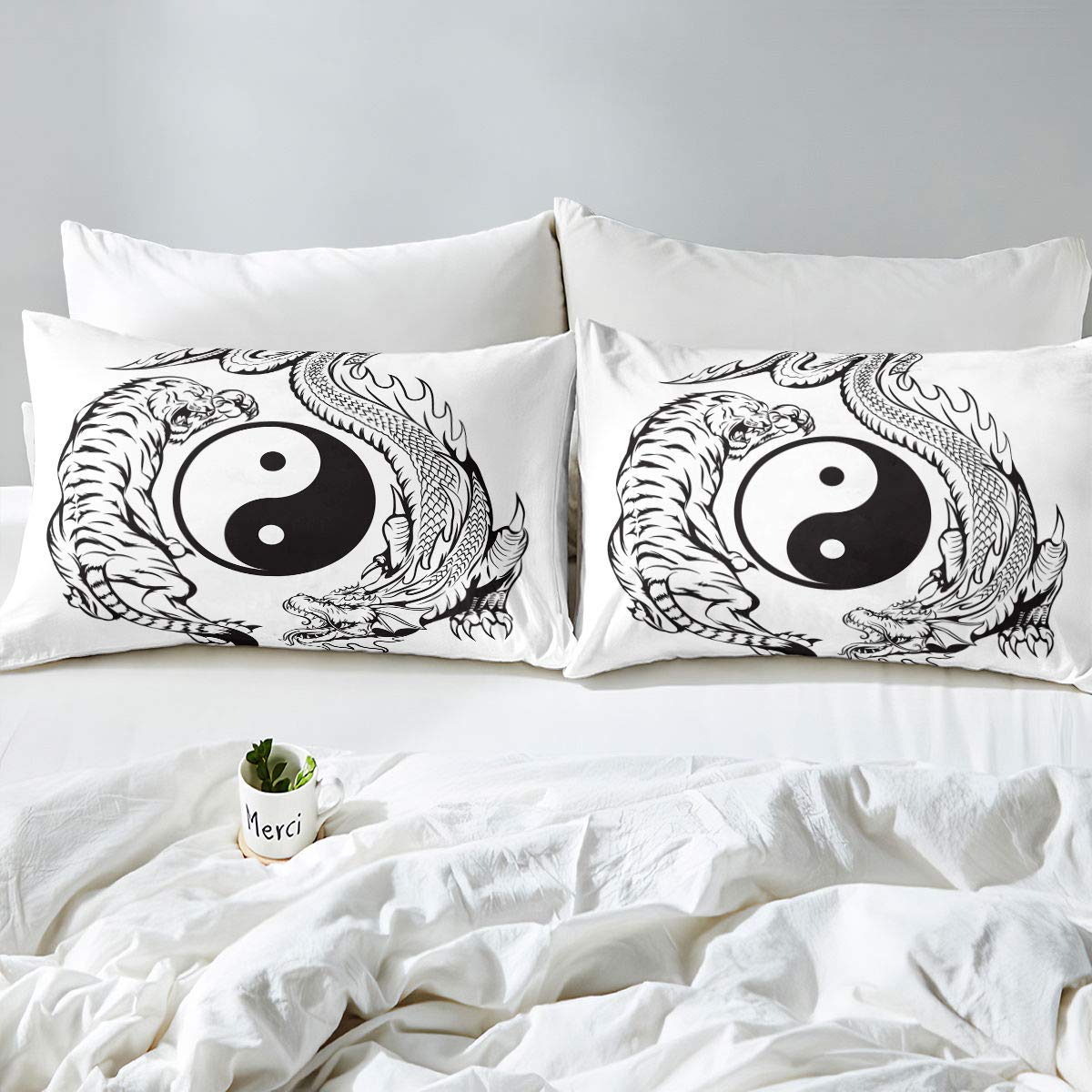 Yin Yang Bedding Set Dragon Tiger Fighting Comforter Cover Traditional Chinese Tai Chi Diagram Duvet Cover Lightweight Bedroom Decoration For Kids Boys Girls Teens Adults Queen Size Black White