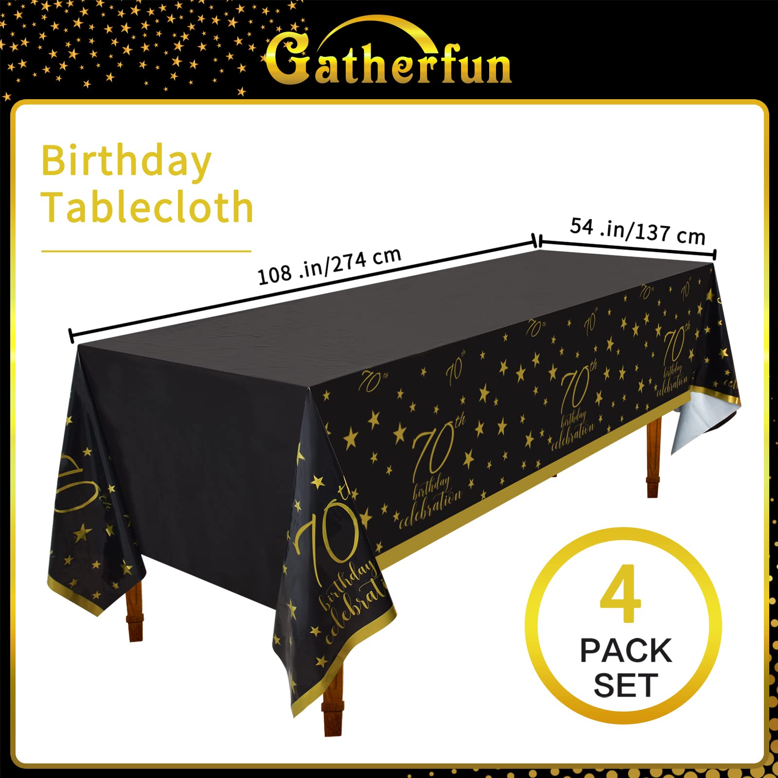 Gatherfun 70th Birthday Disposable Tablecloth 4 Pack Gold and Black Waterproof Plastic Table Cover for Men Woman 70 Birthday Party Decorations