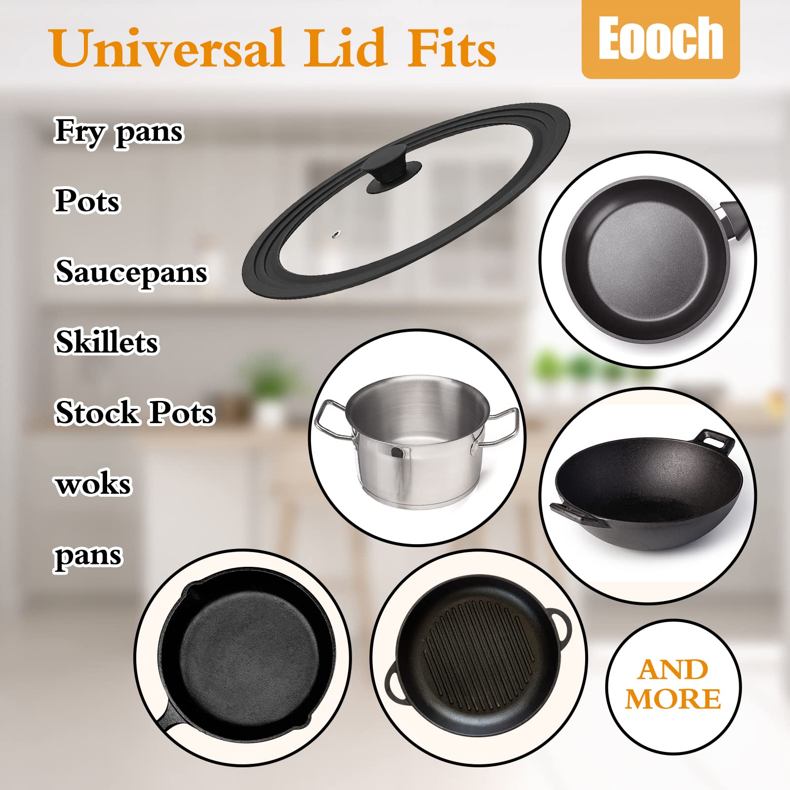 Universal Lid for Pots, Pans and Skillets Vented Tempered Glass with Heat Resistant Silicone Rim, Fits 10 inch, 11 inch, 12 inch Cookware, Replacement Lid, Black