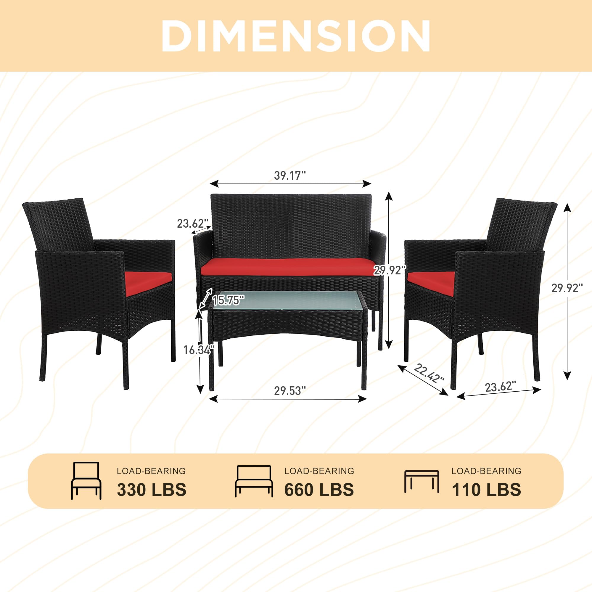 PROHIKER 4 Piece Outdoor Wicker Patio Conversation Furniture Set, Rattan Chair Wicker Sofa Garden Conversation Sets with Cushion and Glass Table for Yard Pool or Backyard, Black/Red