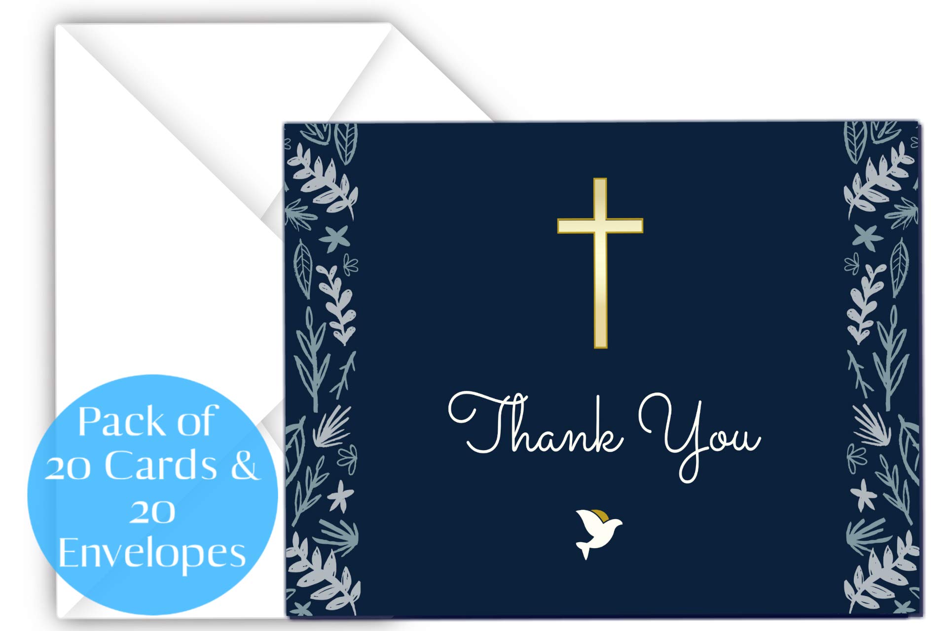 Elcer 20 Christian Thank You Cards Religious Catholic acknowledgment Notes Navy Blue & Gold Holy Communion Baptism Confirmation Christening Reconciliation Funeral with envelopes 8x5.5 (Navy Blue)